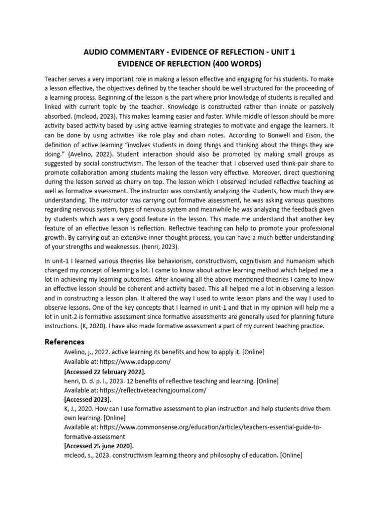 Evidence of Reflection Unit 1 (400 Words) | PDF | Learning | Constructivism (Philosophy Of ...