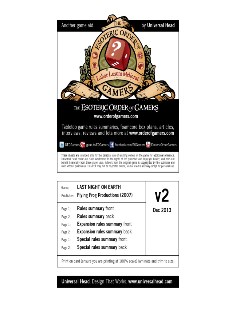 Last Night On Earth v2 - Rules Ref Sheets | PDF