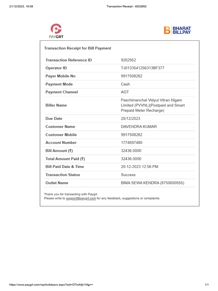 Transaction Receipt - 9202952 | PDF