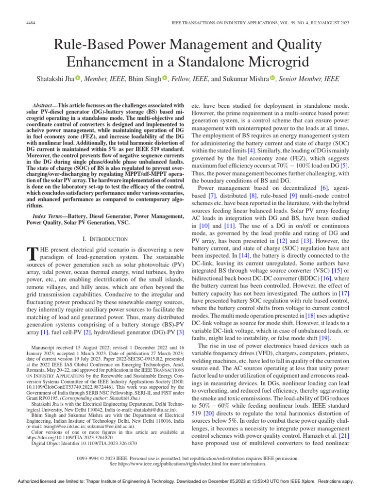 Rule-Based Power Management and Quality Enhancement in A Standalone Microgrid | PDF