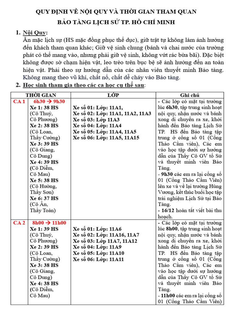 Quy Dinh Ve Noi Quy Va Thoi Gian Tap Trung HS Tham Quan Bao Tang | PDF