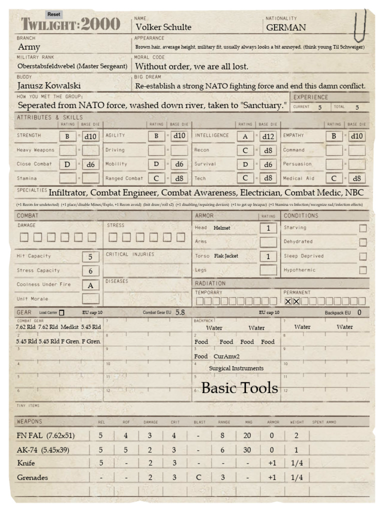 Twilight: 2000 4th Edition Character Sheet | PDF