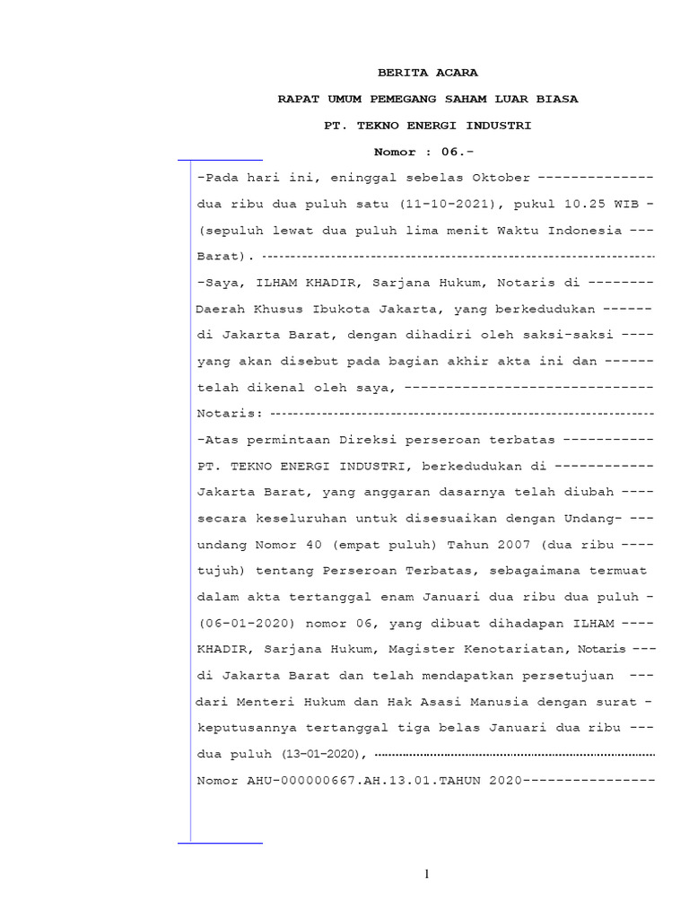 RUPS Luar Biasa PT. Tekno Energi | PDF | Pengelolaan Keuangan & Uang | Hukum
