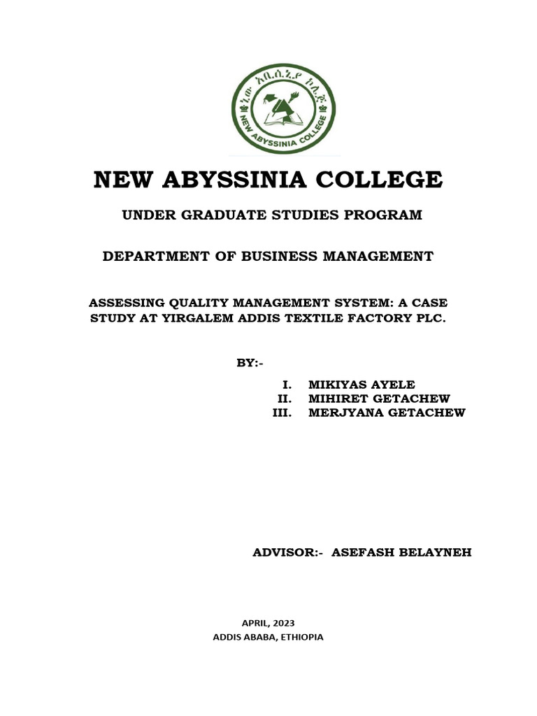 PROPOSAL FOR YIRGALEM TEXTILE FACTORY Final Last PPPPPPPPPPP | PDF | Quality Management ...