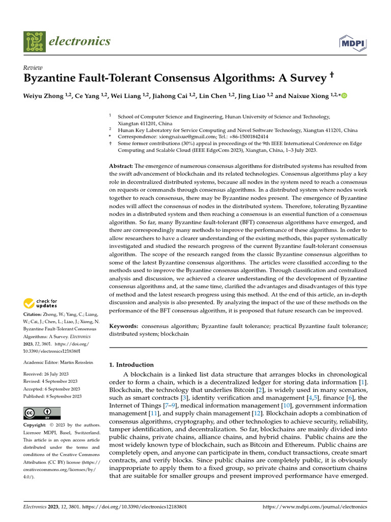 2023 Byzantine Fault Tolerant Consensus Algorithms A Survey Pdf