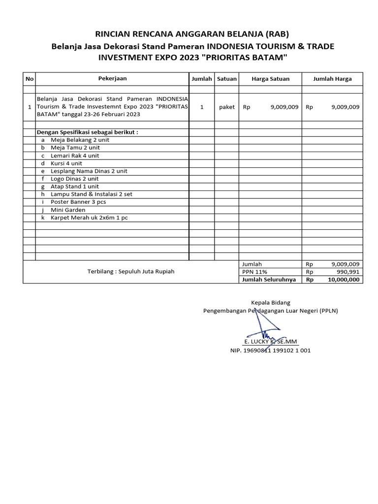 RAB DEKORASI Pameran BATAM EXPO 2023 | PDF