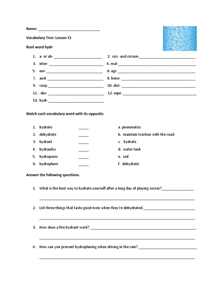 Vocabulary Lesson: Root Word "Hydr" | PDF