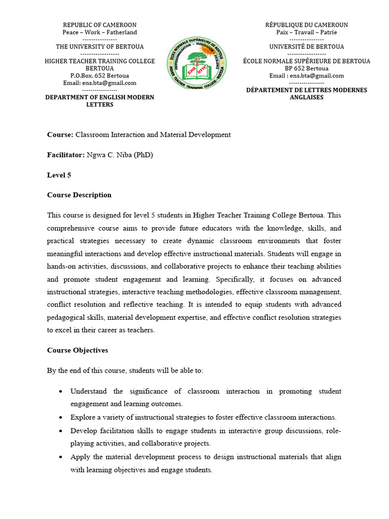 Course Outline Material Development and Classroom Interaction | PDF | Learning | Classroom