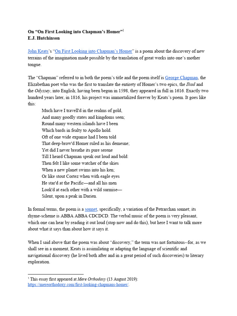 Keats' Discovery in Chapman's Homer | PDF | Art | Poetry