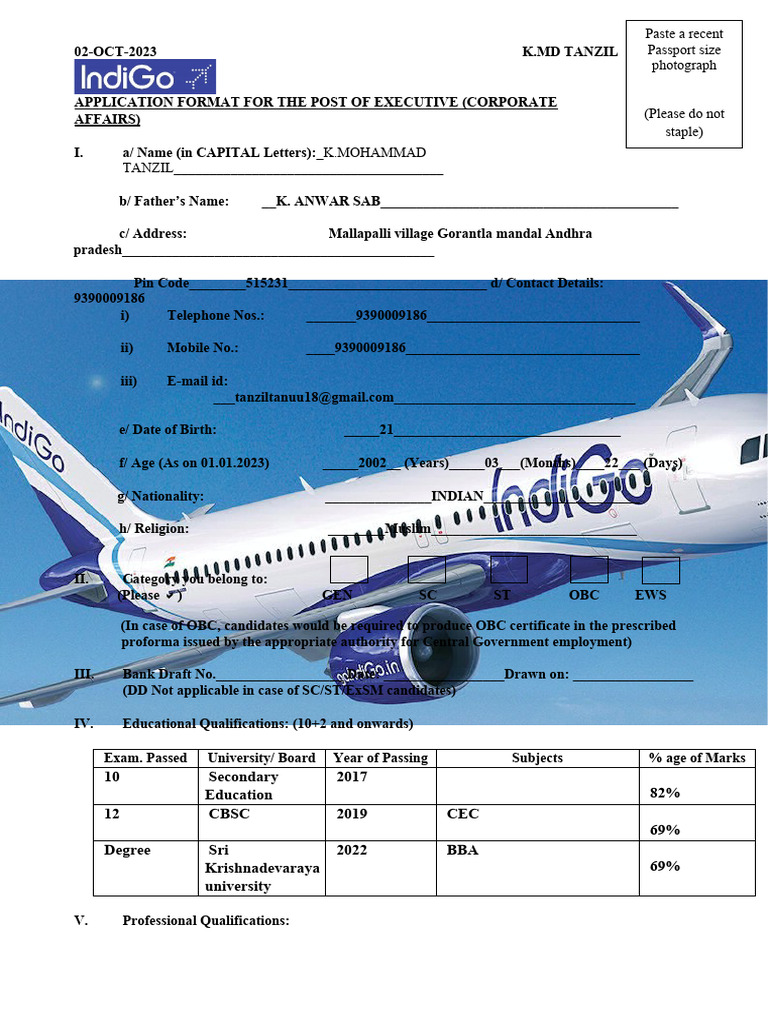 IndiGo Application Form | PDF