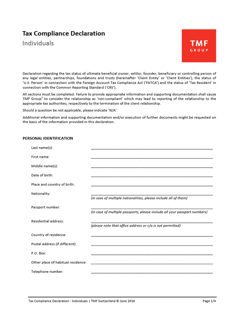 FATCA Compliance Declaration for Individuals | PDF | Taxes | Trust Law