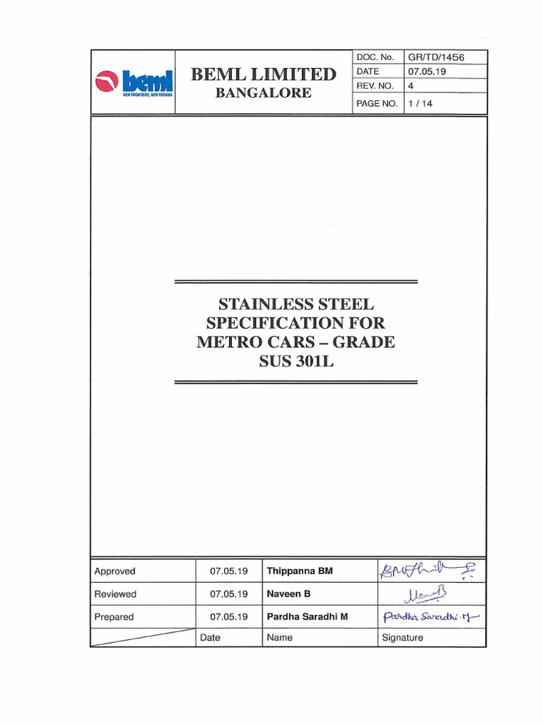 GR TD 1456 Rev 4 - 301L RM | PDF | Stainless Steel | Steel