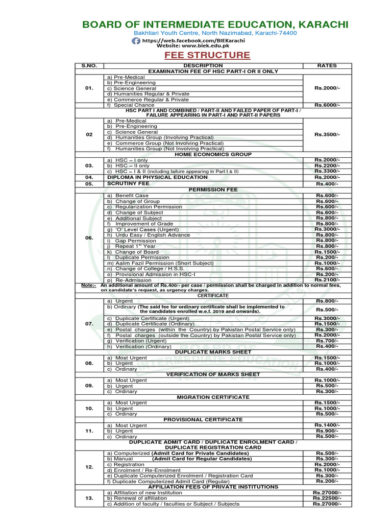 Fee Sturc (New) | PDF | Educational Stages