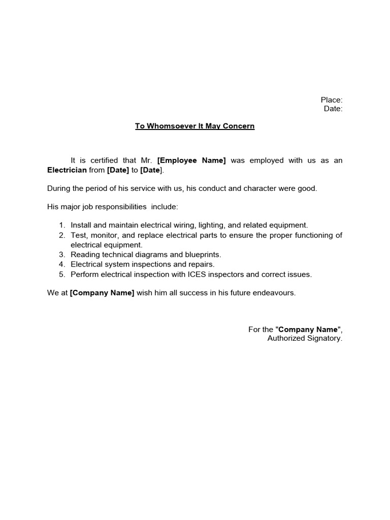 ITI Electrician Work Experience Certificate | PDF