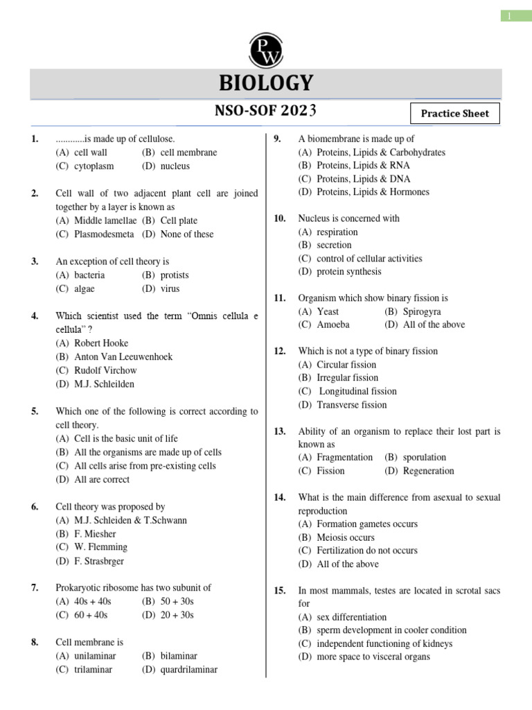 Complete NSO & SOF Biology (Part 2) - Practice Sheet Notes - (Only PDF ...