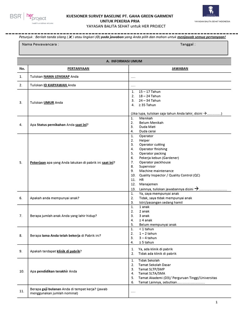Baseline Survey Questionnaire Men | PDF