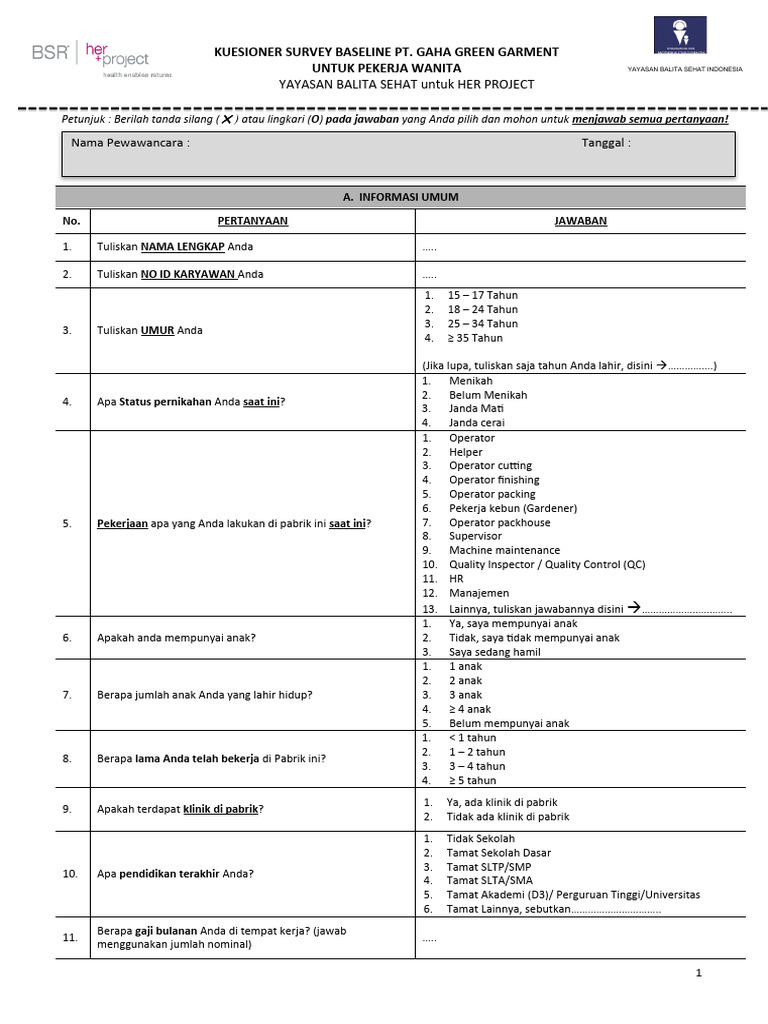 Baseline Survey Questionnaire Women | PDF