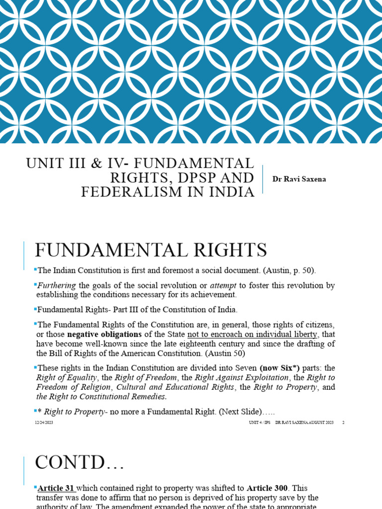 Unit II Fundamental Rights, DPSP and Federalism in India IPS DR Ravi ...