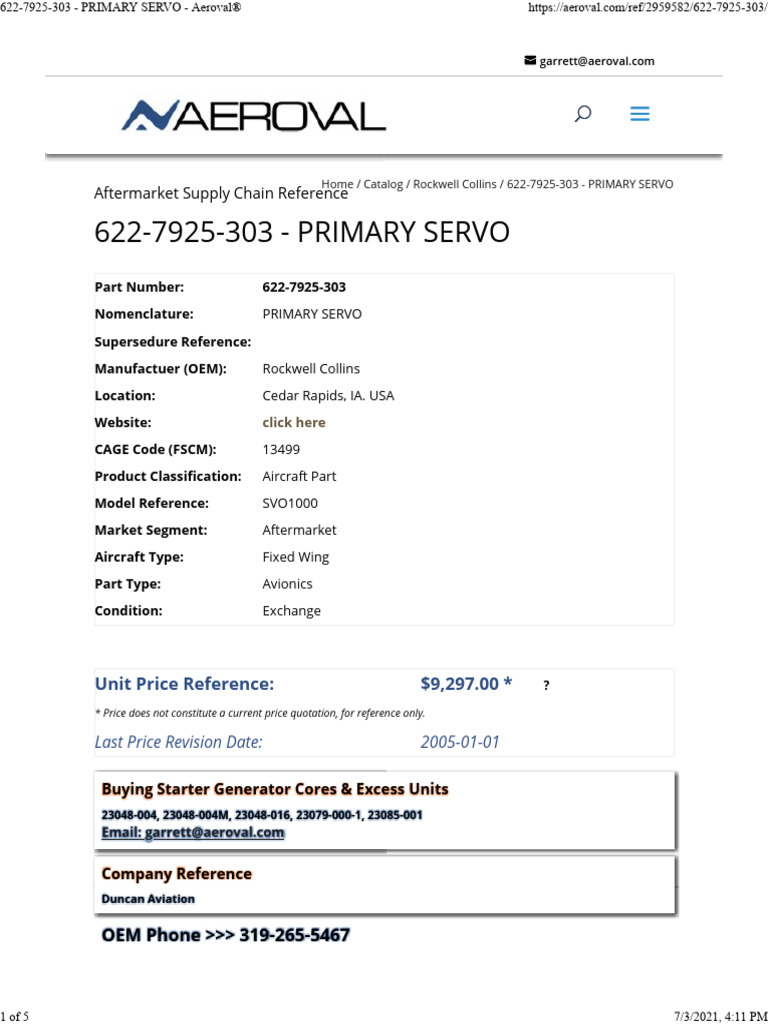 622-7925-303 - PRIMARY SERVO - Aeroval® | PDF | Transport | Aircraft