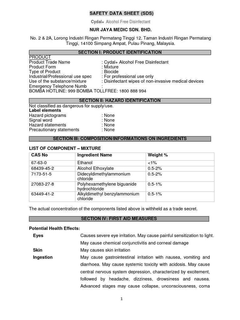 Safety Data Sheet Cydal + Alcohol Free | PDF | Waste | Toxicity