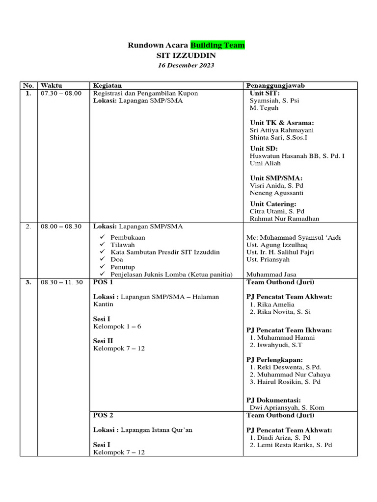 Rundown Acara Building Team | PDF