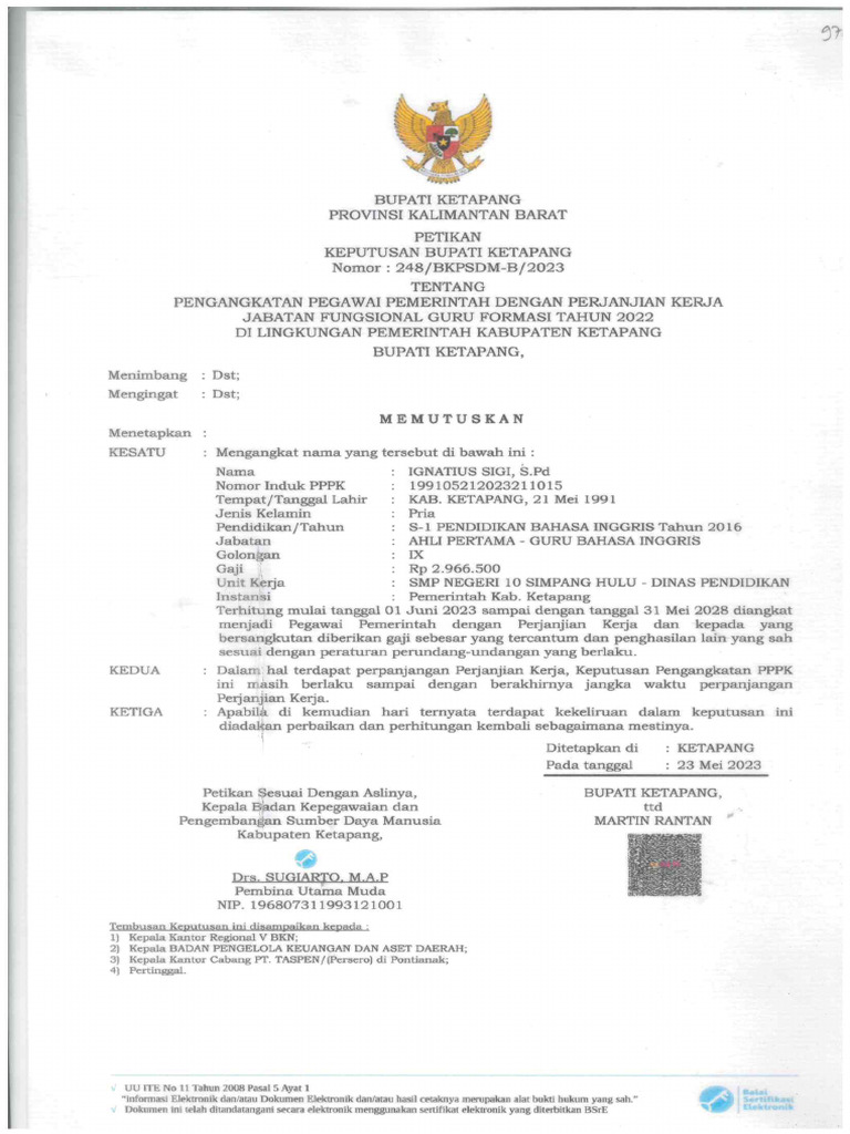 SK PENGANKATAN PPPK - IGNATIUS SIGI, S.PD | PDF