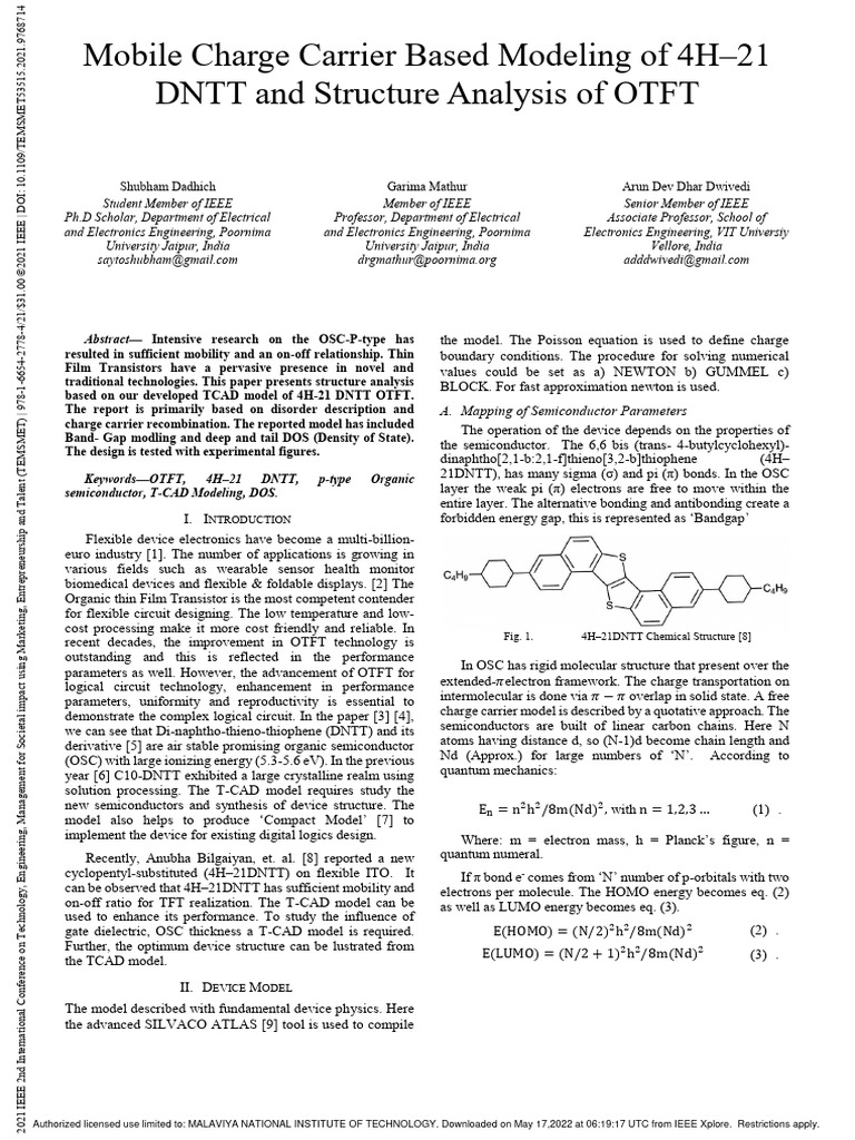 Mobile Charge Carrier Based Modeling of 4H21 DNTT and Structure ...