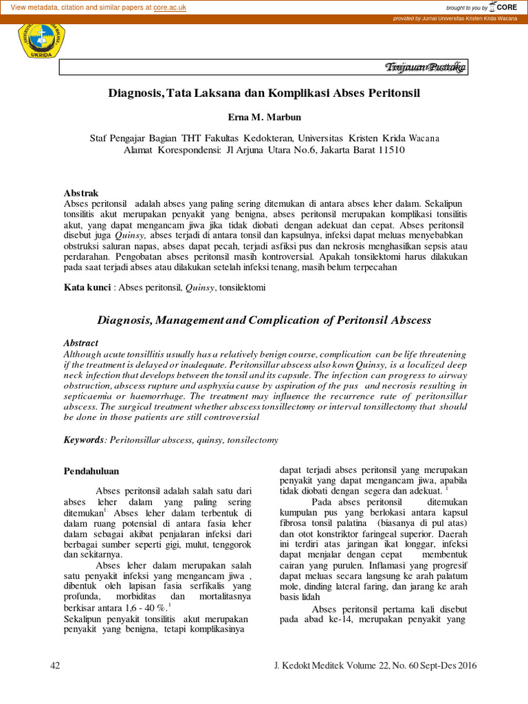 Diagnosis, Tatalaksana, Dan Komplikasi Abses Peritonsil | PDF