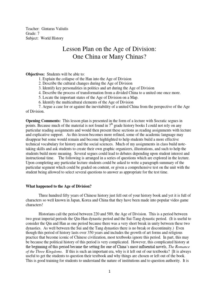 Lesson Plan On The Age of Division | PDF | Three Kingdoms | Han Chinese