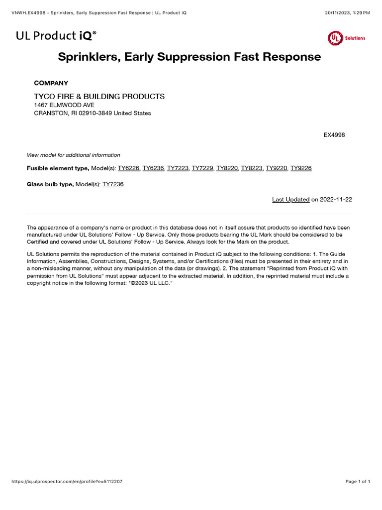 VNWH - EX4998 - Sprinklers, Early Suppression Fast Response - UL Product Iq | PDF