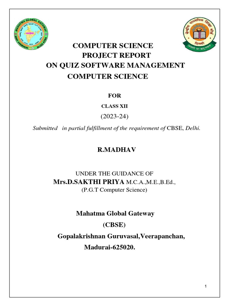 Computer Science Project Report On Quiz Software Management Computer Science | PDF | Software ...