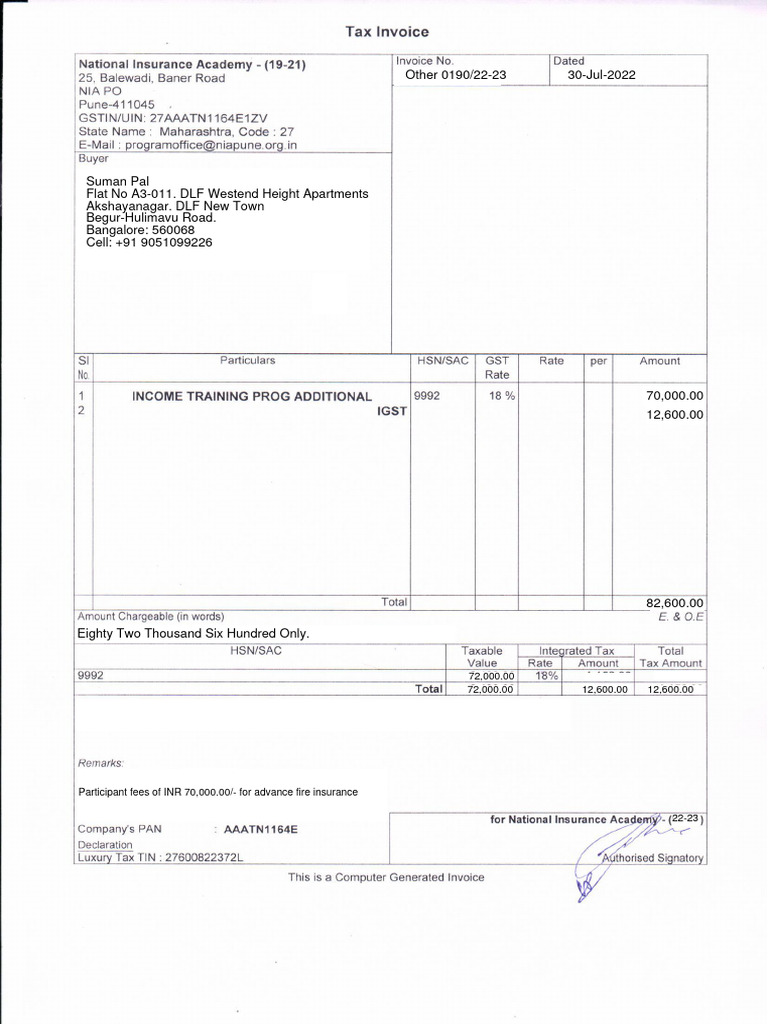 Professional Pursuit Allowance Invoice | PDF