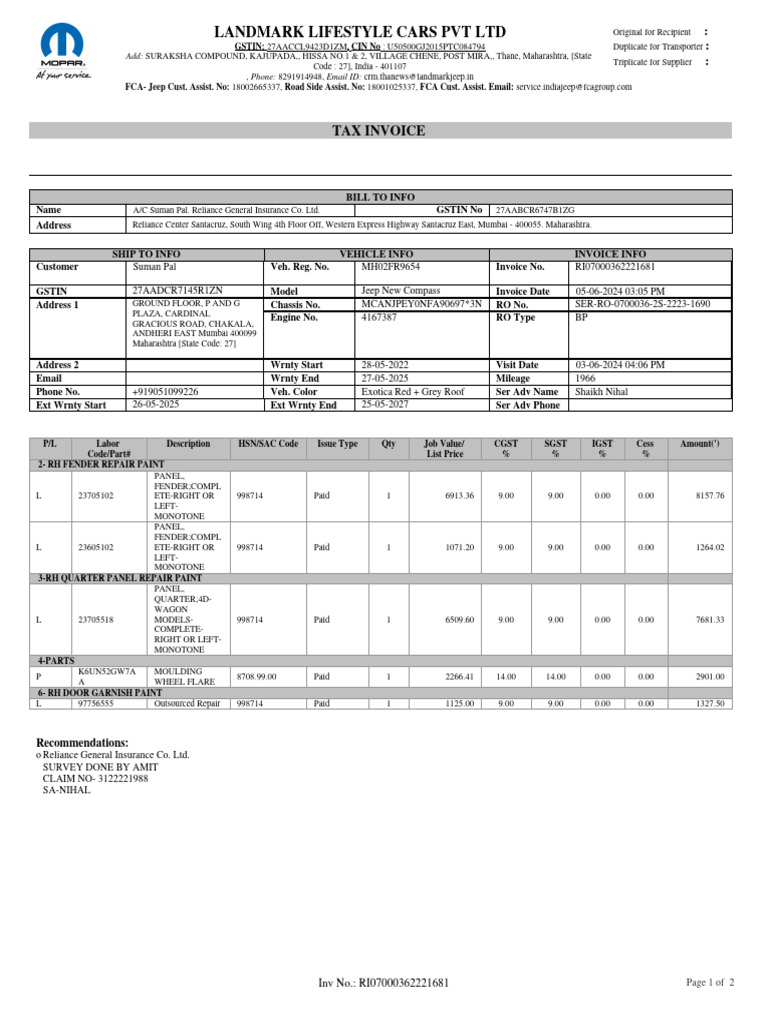 Maintenance Bill INR 21332 | PDF | Automotive Industry | Car