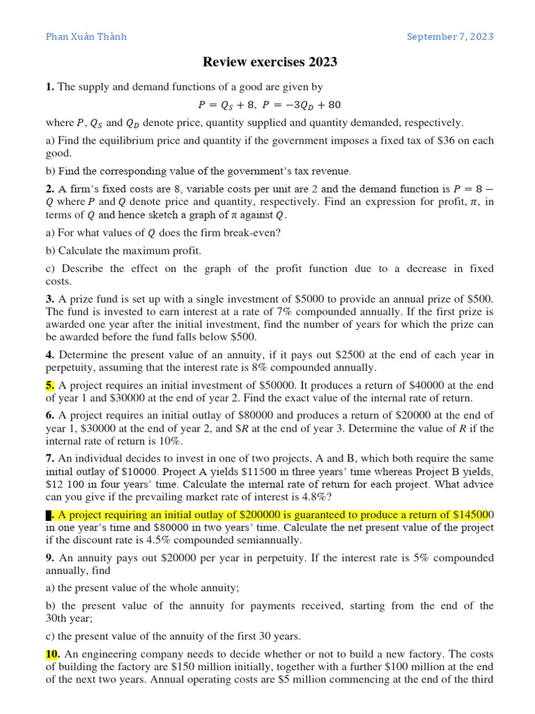 Review Exercises 2023 PXThanh | PDF | Present Value | Interest
