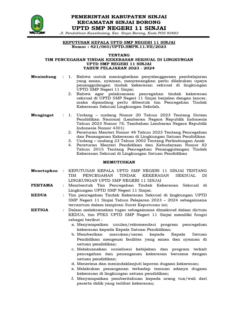 SK TM Pencegahan Kekerasan Seksual Uptd SMPN 11 Sinjai | PDF | Kesehatan Holistik