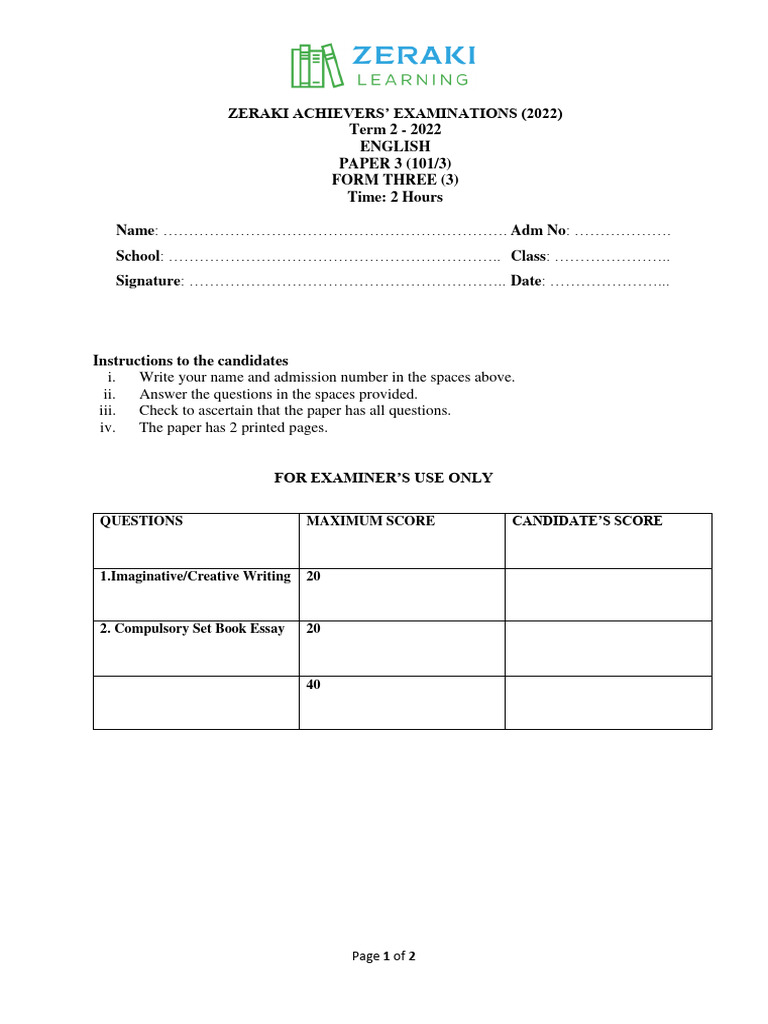 English Form 3 Paper 3 - - Question paper | PDF