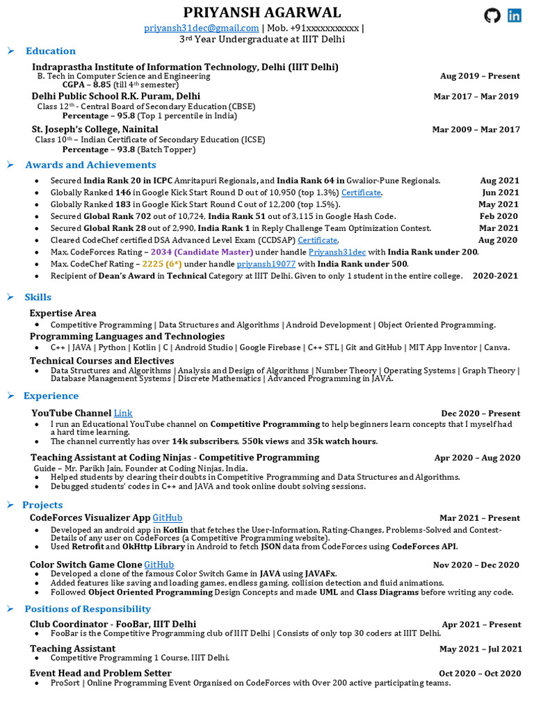 Priyansh Agarwal Resume | PDF | Computer Programming | Java (Programming Language)