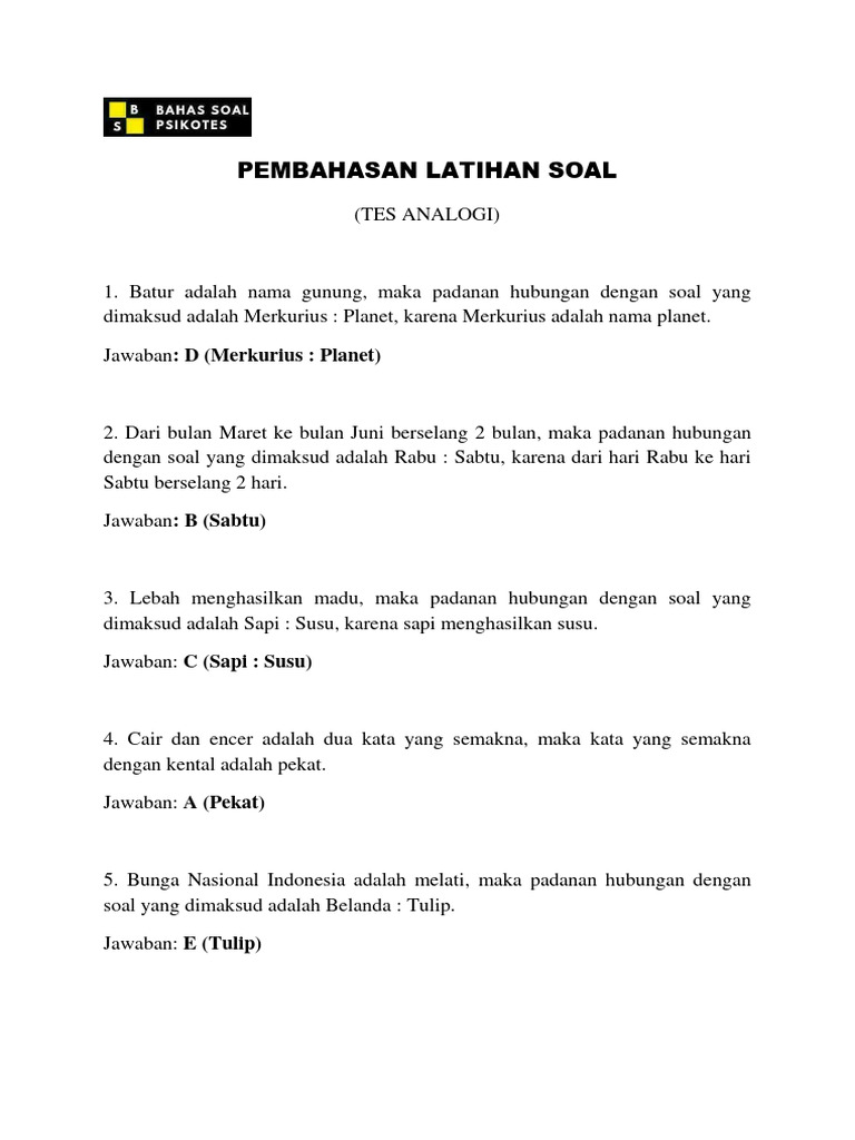 Pembahasan Latihan Soal Tes Analogi Pdf