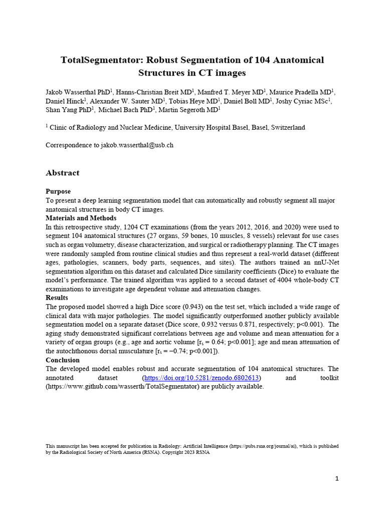 Totalsegmentator: Robust Segmentation of 104 Anatomical Structures in CT Images | PDF | Statistics