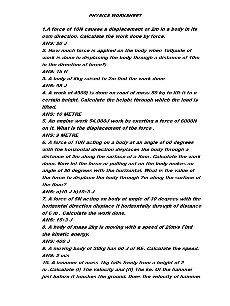 Work Power and Energy Numericals | PDF | Teaching Methods & Materials | Science & Mathematics