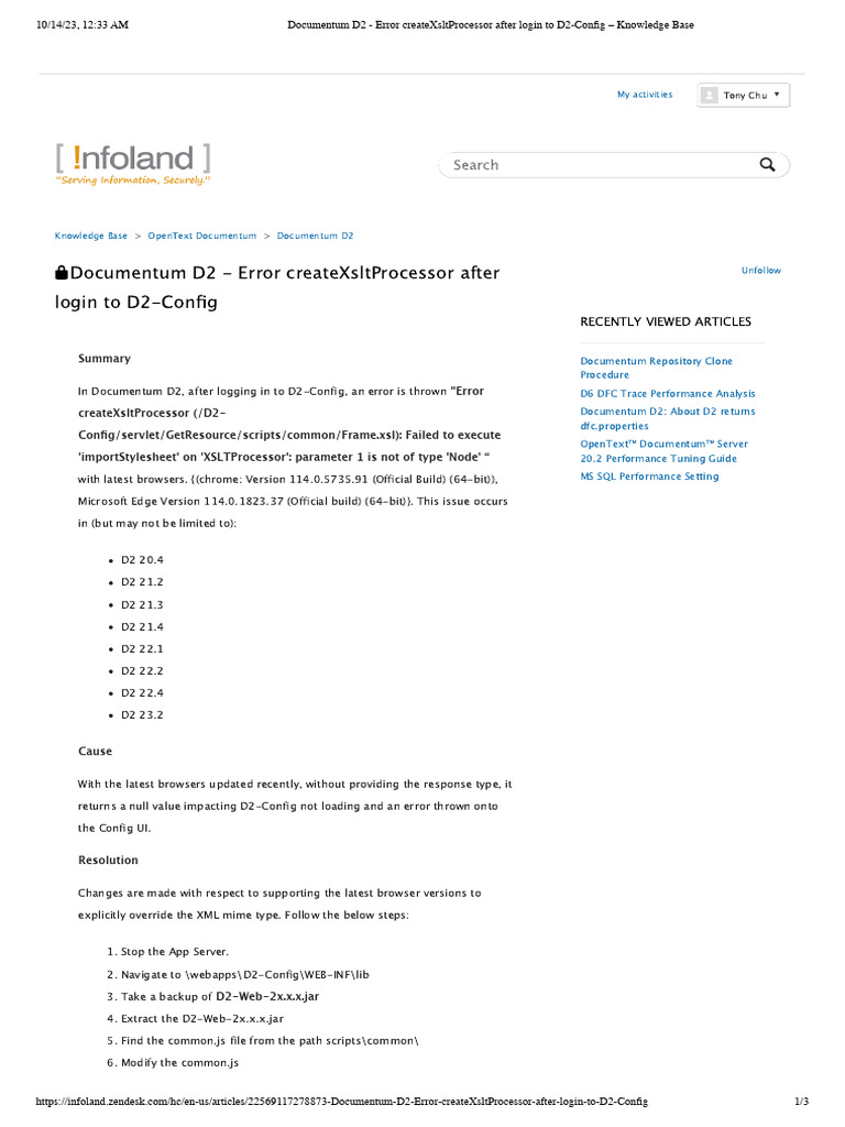 Documentum D2 - Error createXsltProcessor After Login To D2-Config - Knowledge Base | PDF ...