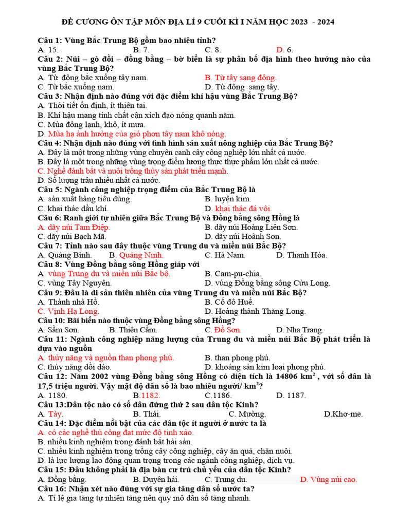 ĐỀ CƯƠNG ÔN TẬP Địa 9 CKI 23 24 1 | PDF