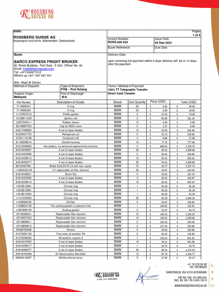 Proforma Invoice BMW Spare Parts | PDF | Ignition System | Mechanical Engineering