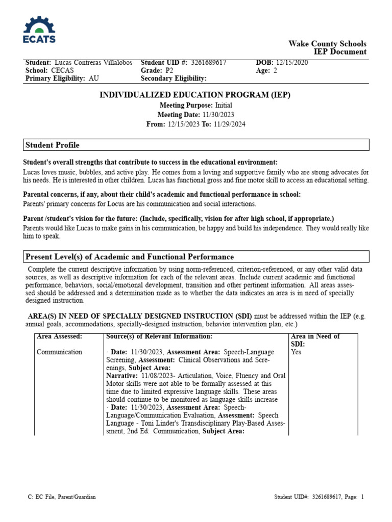 Wake County Schools IEP Document: C: EC File, Parent/Guardian Student UID#: 3261689617, Page: 1 ...