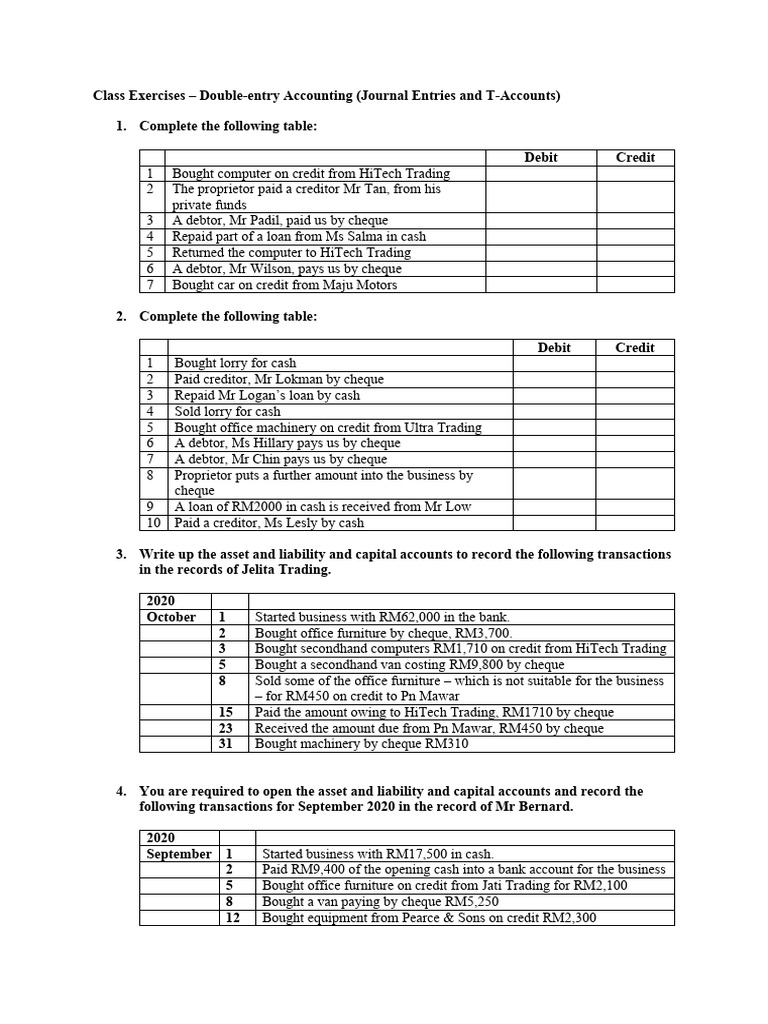 Class Exercises - Double Entry | PDF | Debits And Credits | Banking