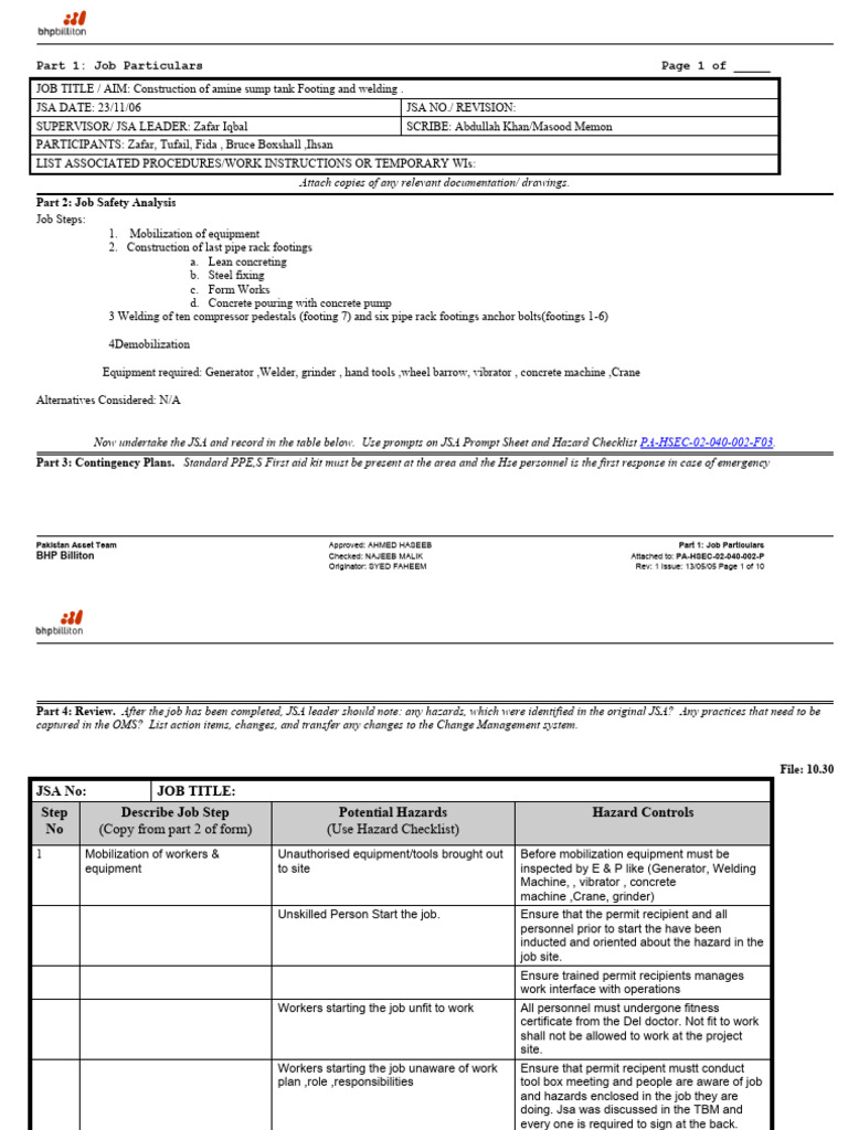 JSA Contruction of Pipe Rack (3m) Footing Including Welding Job | PDF | Welding | Construction