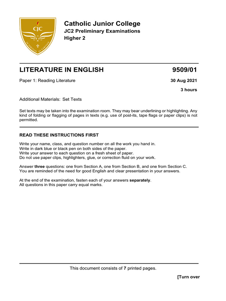 CJC 2021 H2 Lit Paper 1 Prelim | PDF