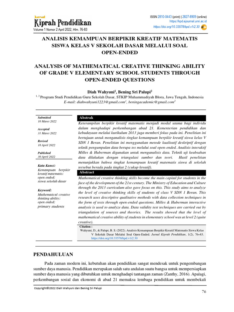 76-83 (Analisis Kemampuan Berpikir Kreatif Matematis Siswa Kelas V Sekolah Dasar Melalui Soal) | PDF