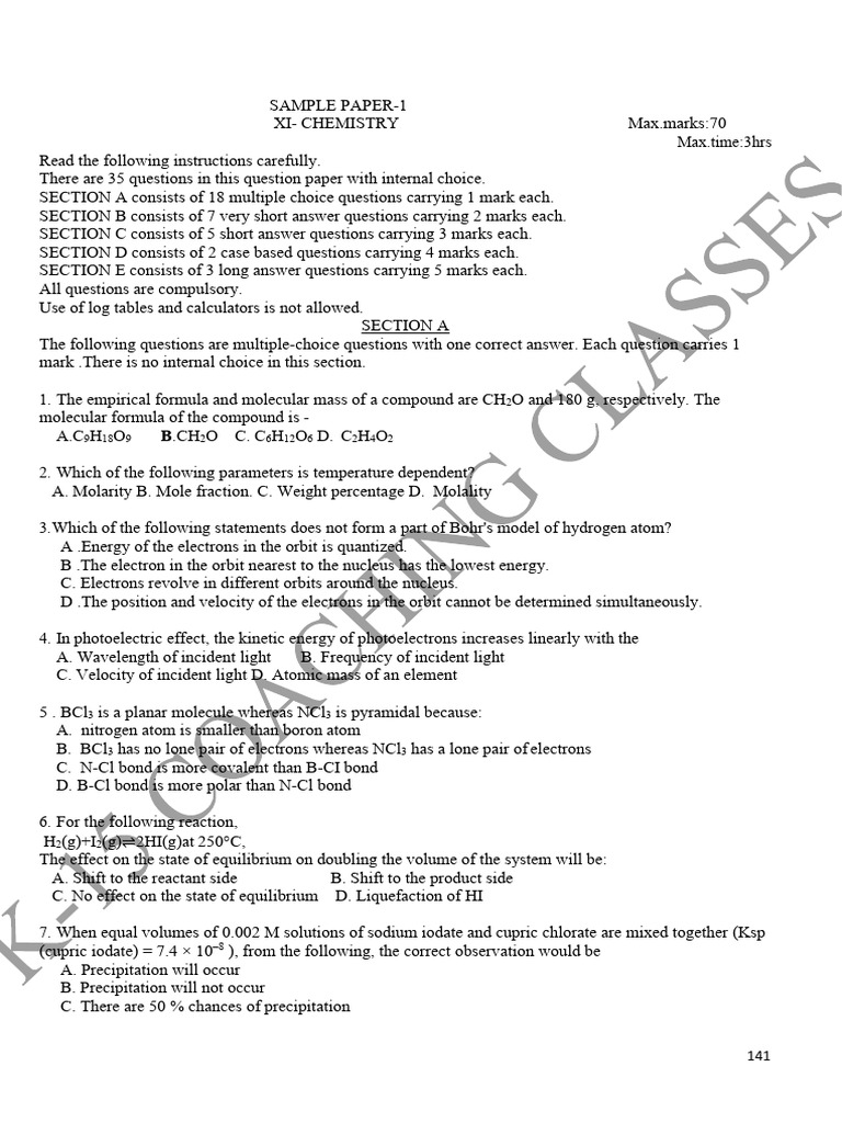 Sample Paper Chemistry | PDF
