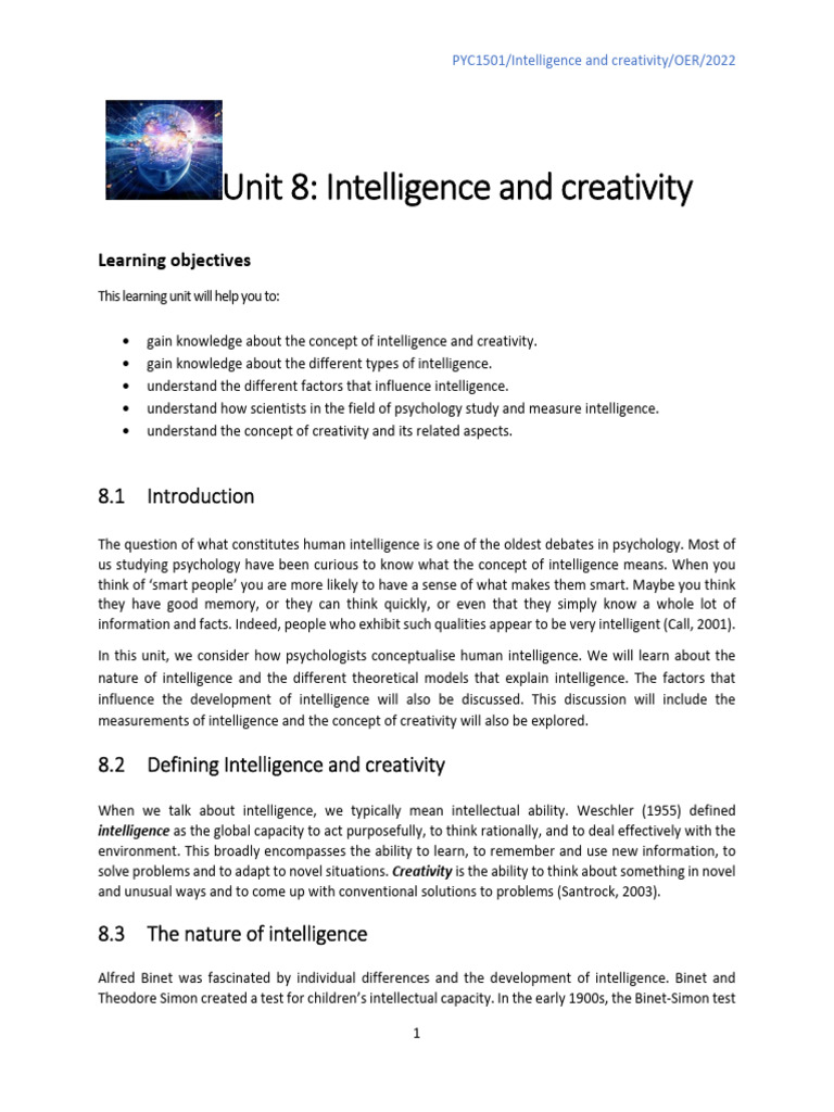 PYC1501 Unit 8 Intelligence and Creativity OER 2022 | PDF | Intelligence Quotient | Intelligence